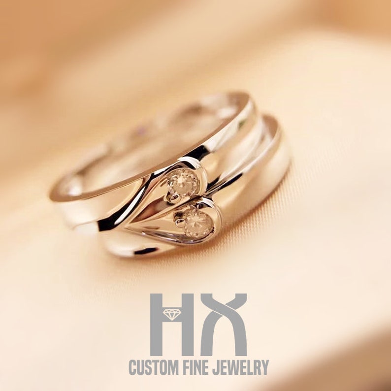 Diamond Matching Heart Wedding Rings in Solid 18k Gold/couple - Etsy
