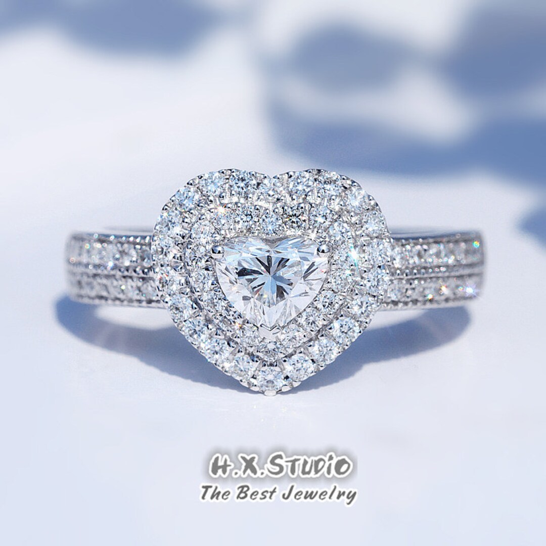 18k Gold Double Halo Band Engagement Ring (0.4CTW) + 0.5CT Heart-cut ...