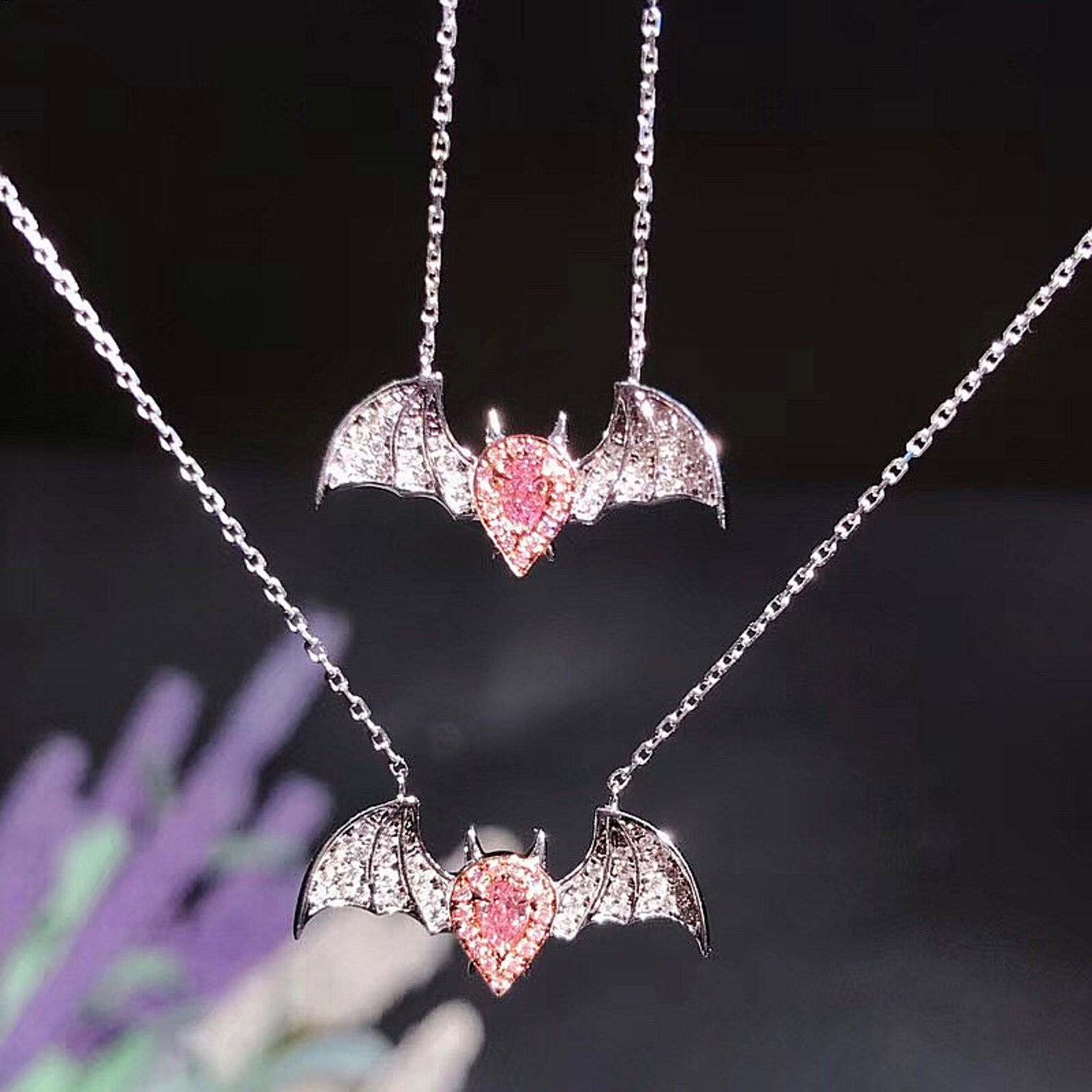 Pink Diamond Bat Pendant Necklace in Solid 18K Gold/cute - Etsy