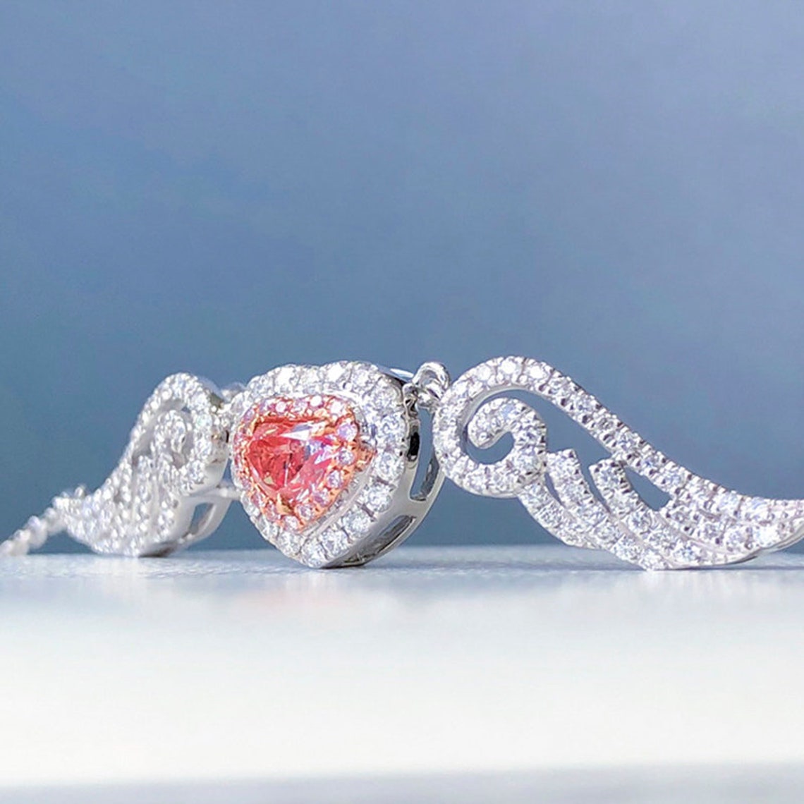 Pink Diamond Heart Angel Wings Pendant Necklace in Solid 18k - Etsy