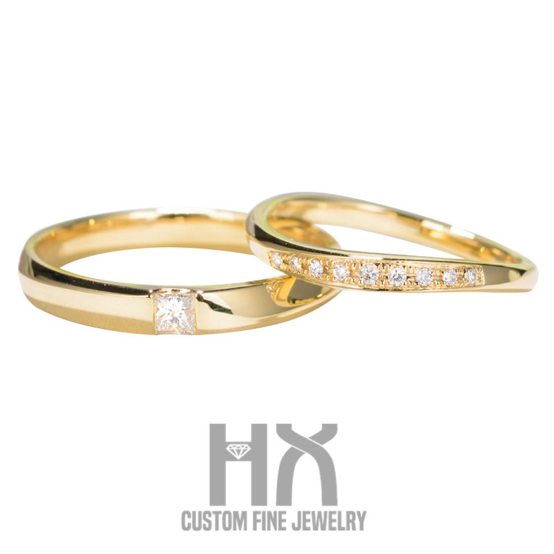 Diamond Matching Wedding Rings in Solid 18k Gold/couple Ring Set for ...