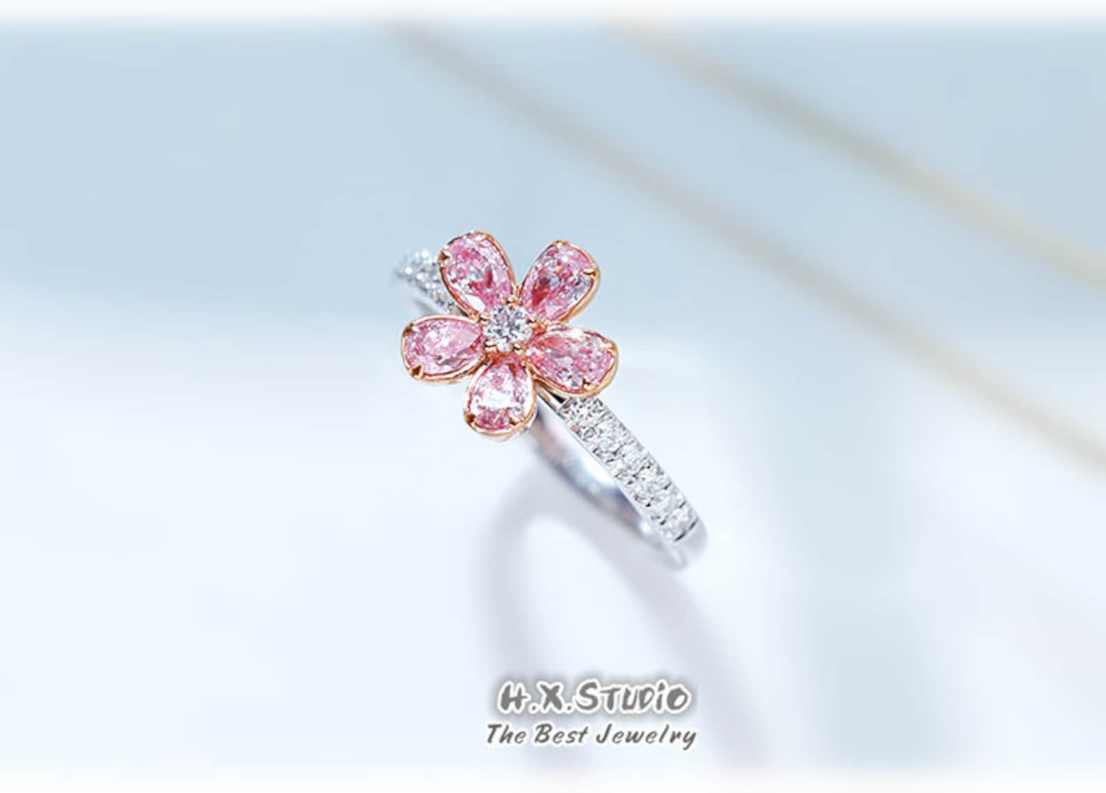 Pink Diamond Flower Ring in Solid 18k Gold/floral Engagement - Etsy