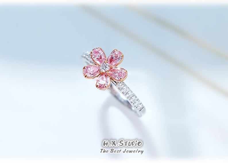Pink Diamond Flower Ring in Solid 18k Gold/floral Engagement - Etsy
