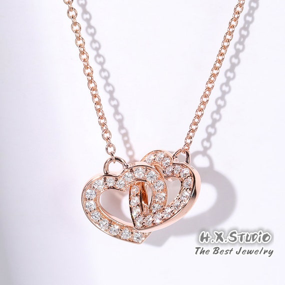 Diamond Interlocking Double Heart Necklace in Solid 18k Gold forever Love Pendant custom Fine Jewelry gift for Women and Girls Etsy