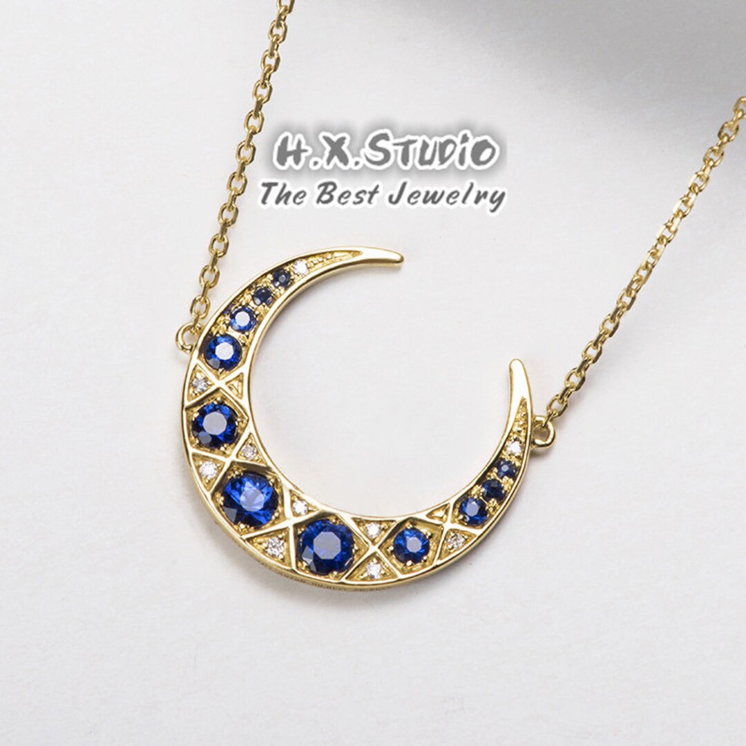Diamond Sapphire Crescent Moon Pendant Necklace in Solid 18K Gold ...
