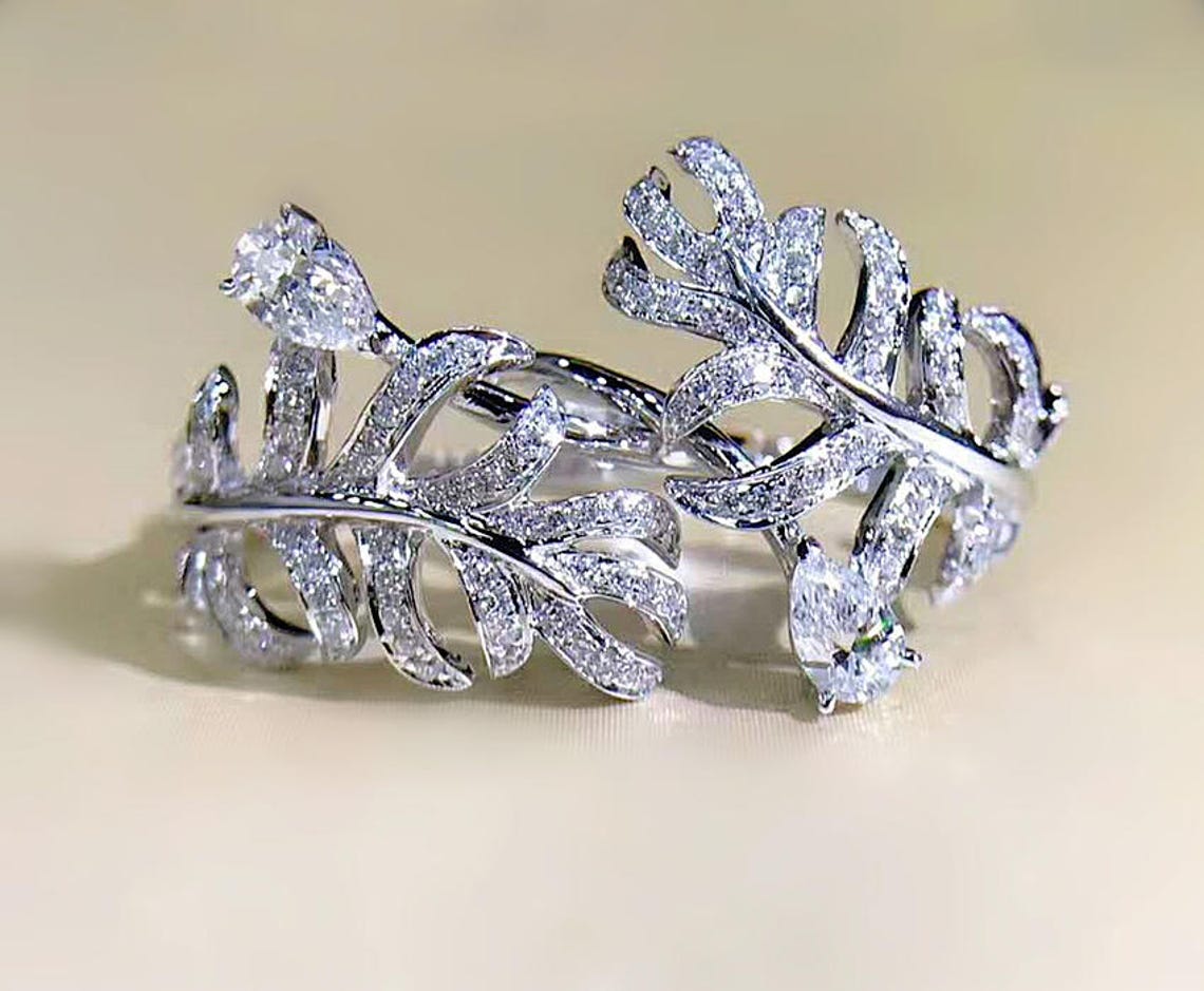 Diamond Feather Ring in Solid 18K Gold/diamond Fashion - Etsy