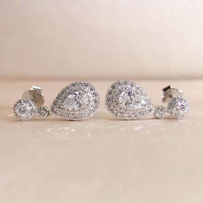 Pear Diamond Drop Earrings, Solid 18k Gold, Genuine Diamond, Stud ...