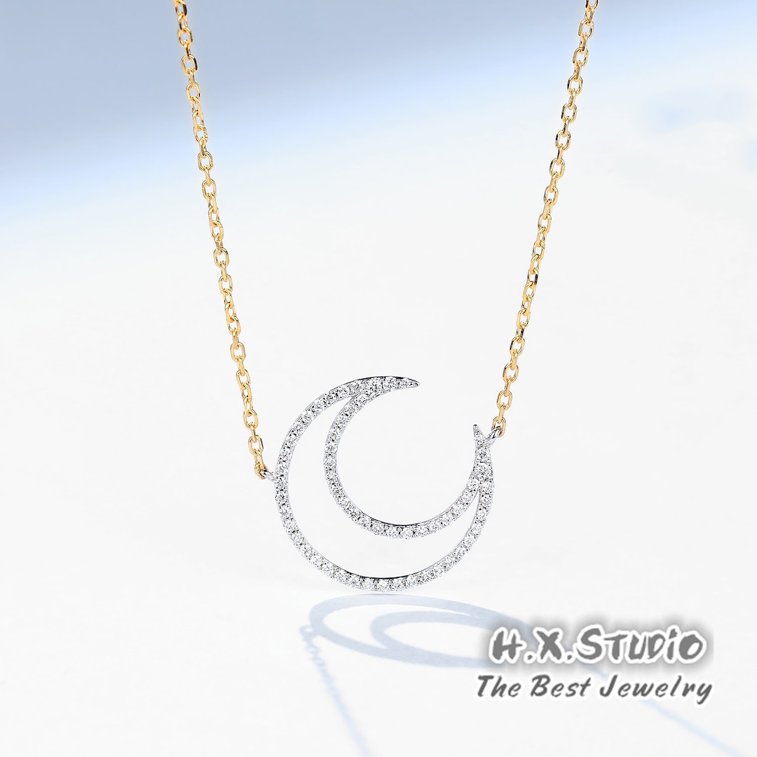 Diamond Crescent Moon Pendant Necklace in Solid 18k Gold/custom Jewelry ...