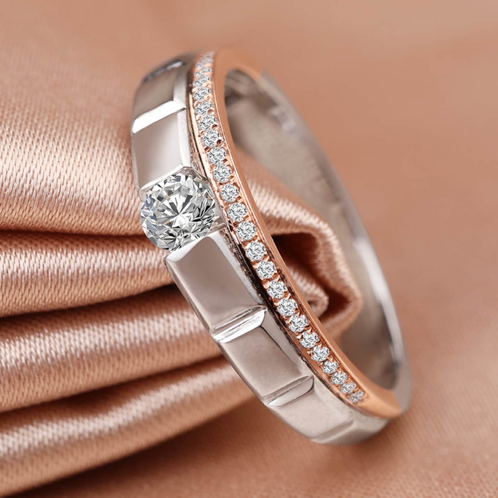 Diamond Matching Wedding Bands in Two Tone 18k Gold/couple - Etsy