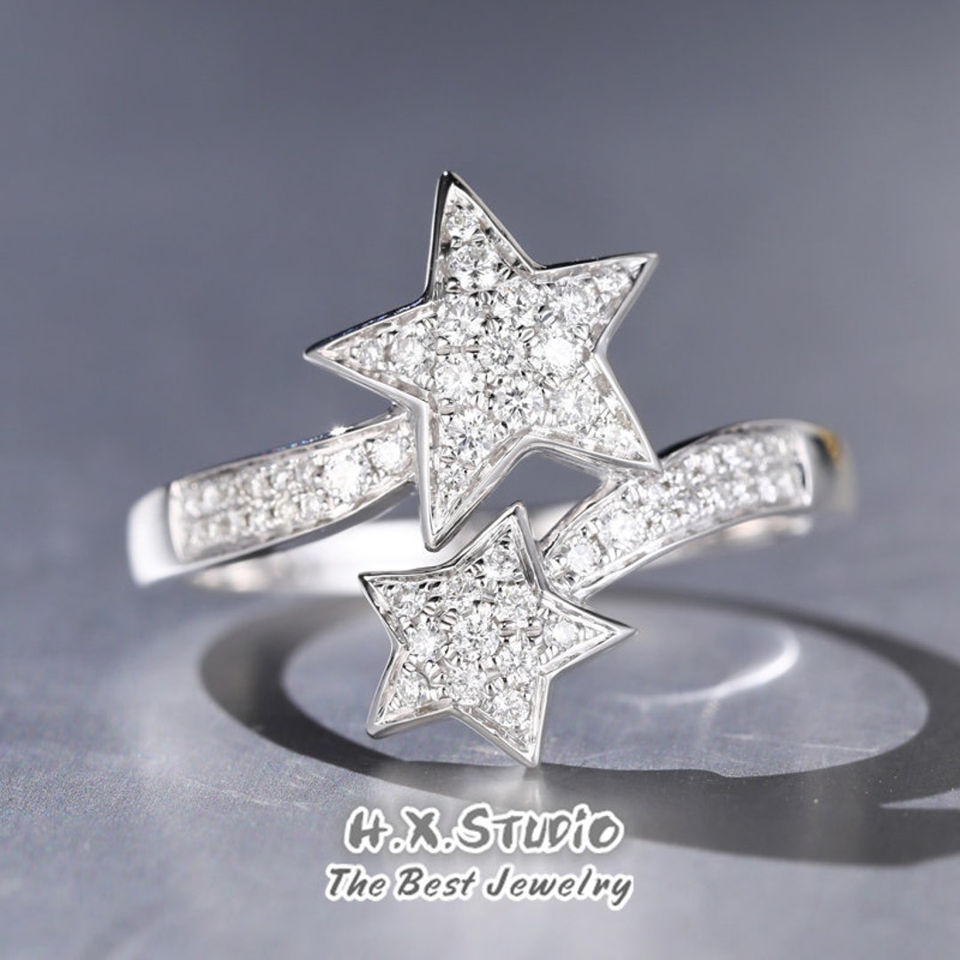 Diamond Double Star Wrap Ring in Solid 18k Gold/wish Star Ring/double ...