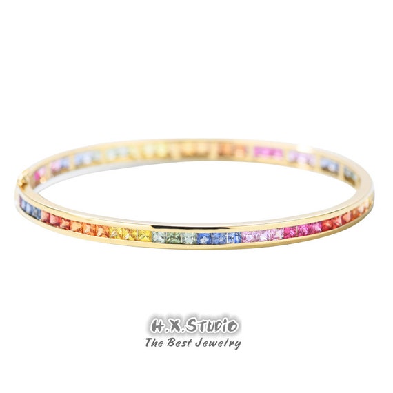 Rainbow Sapphire Bangle Bracelet in Solid 18K Gold custom Fine Jewelry personalization Design gift for Women and Girls Etsy
