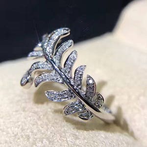 Diamond Feather Ring in Solid 18K Gold/art Deco Fashion Ring/nature ...