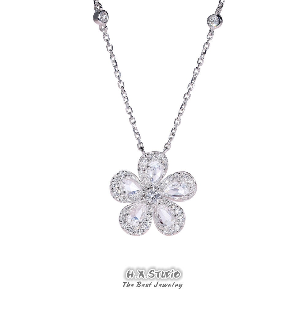 Diamond Sakura Flower Pendant Necklace in Solid 18k | Etsy