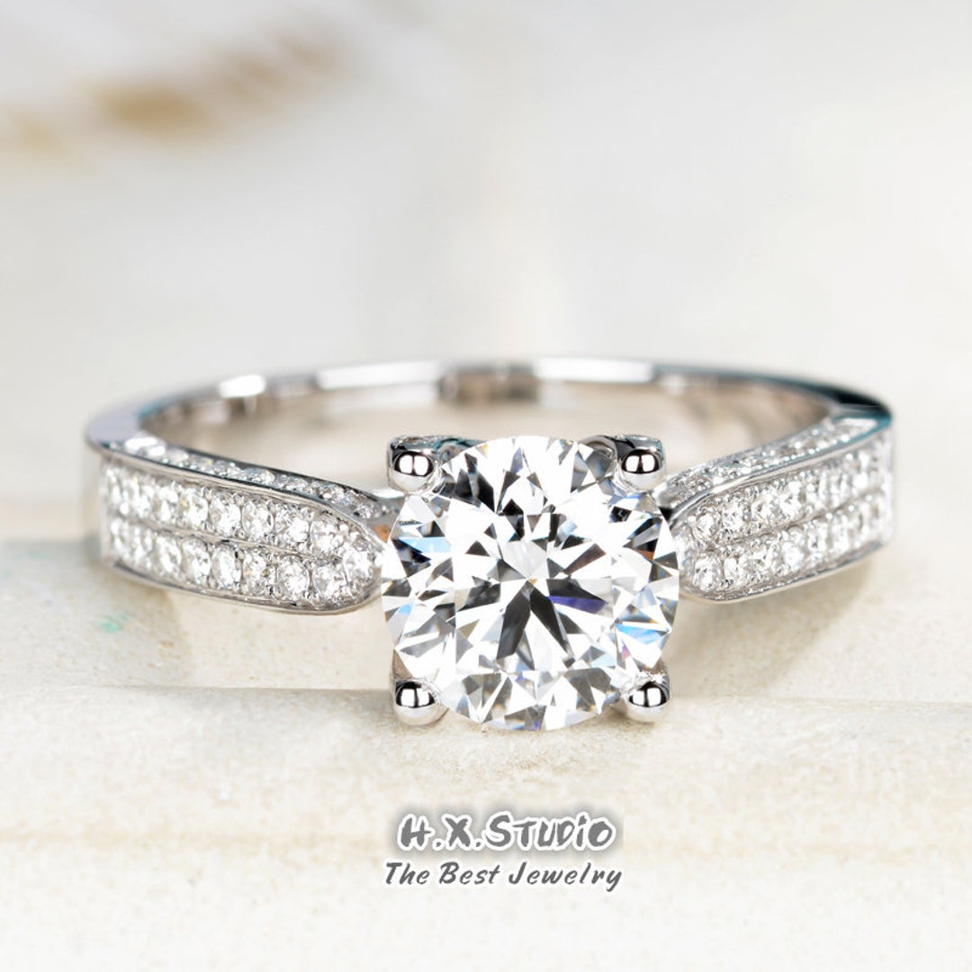18k Gold Three Sided Band Cathedral Engagement Ring (0.5CTW) + 2.0CT ...