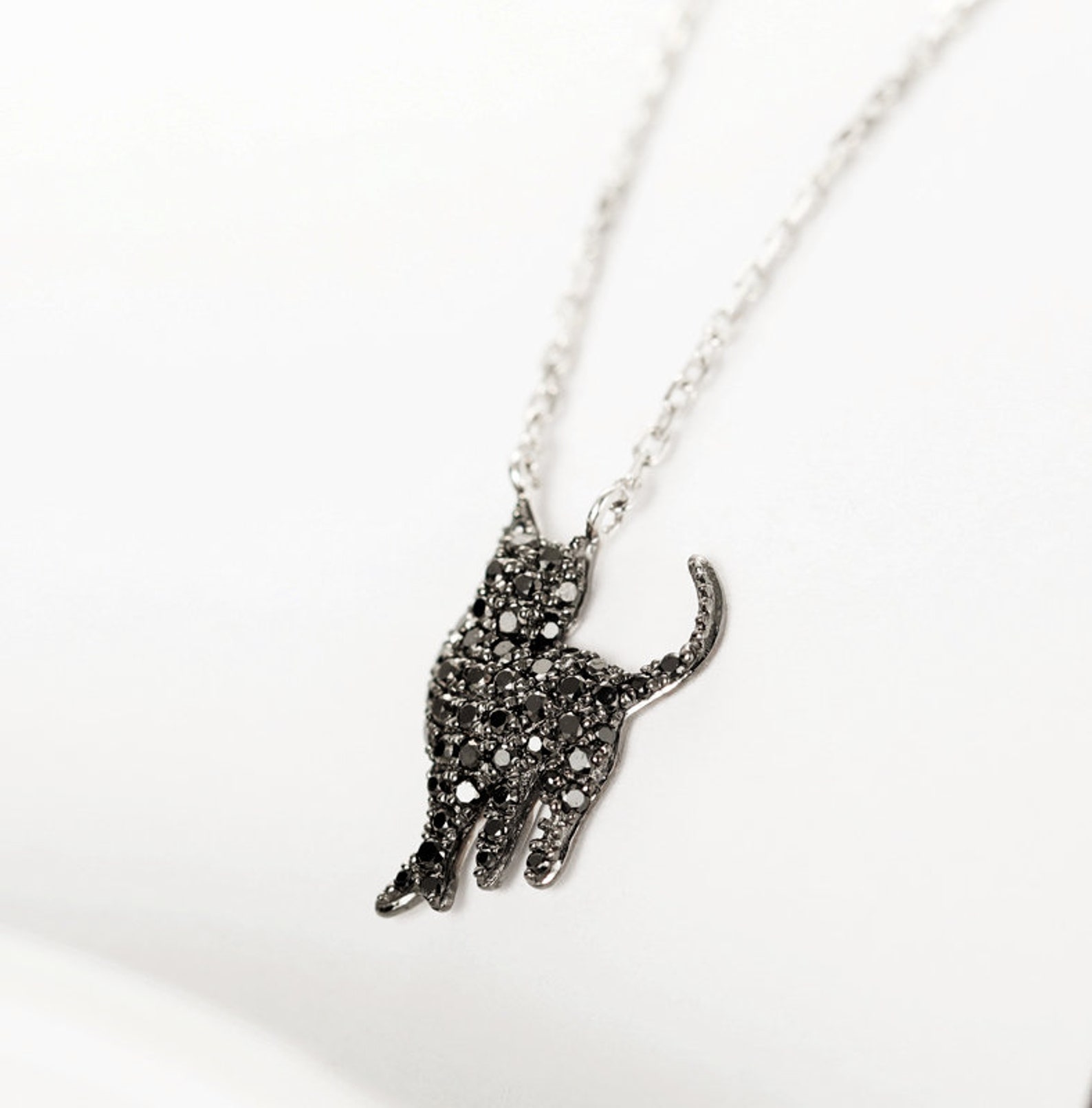 Black Diamond Cat Pendant Necklace in Solid 18k Gold/custom Fine ...