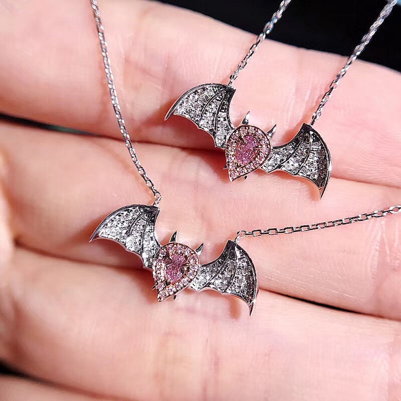 Pink Diamond Bat Pendant Necklace in Solid 18K Gold/cute - Etsy