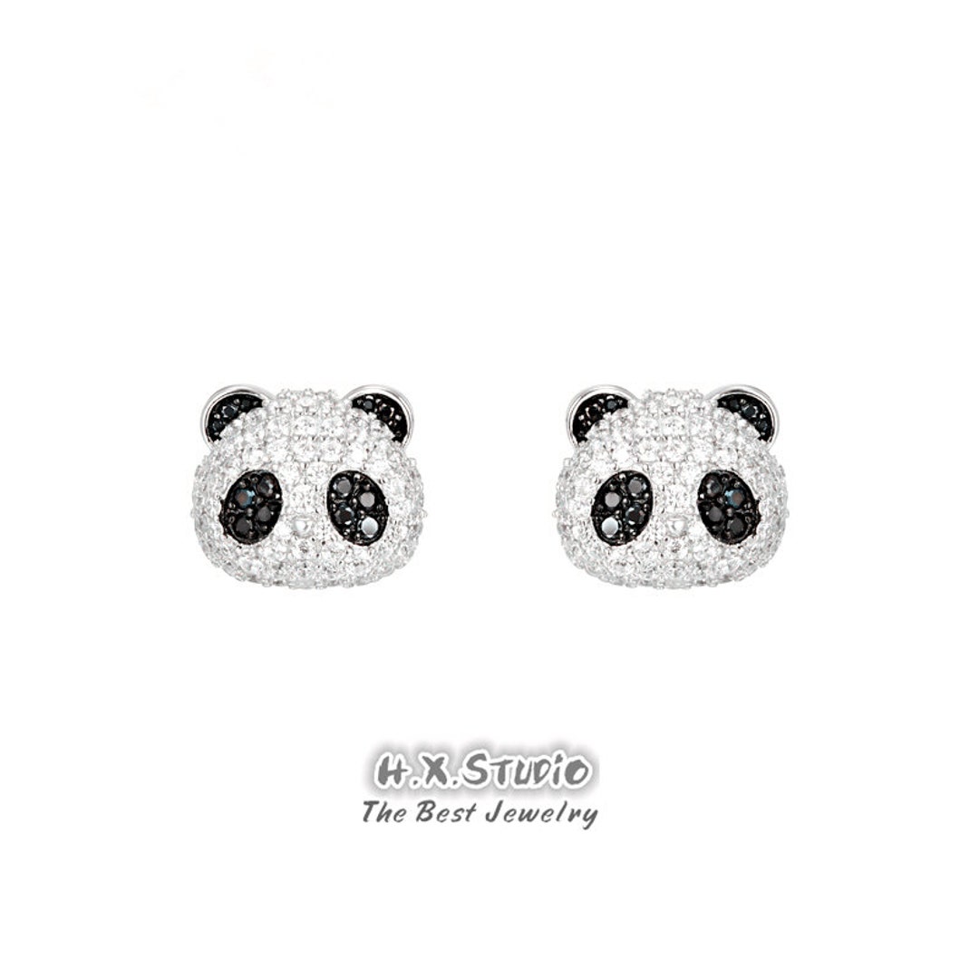 Panda Stud Earrings, Solid 18k Gold, Genuine Diamond, Two-color Diamond ...