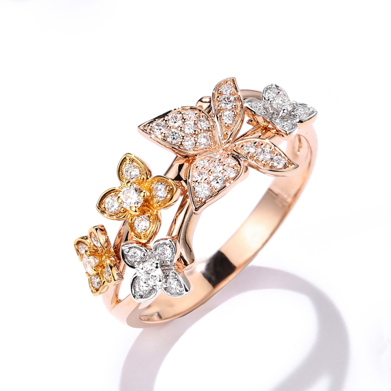 Diamond Butterfly and Flower Ring in Solid 18k 3-tone Gold/custom Fine ...