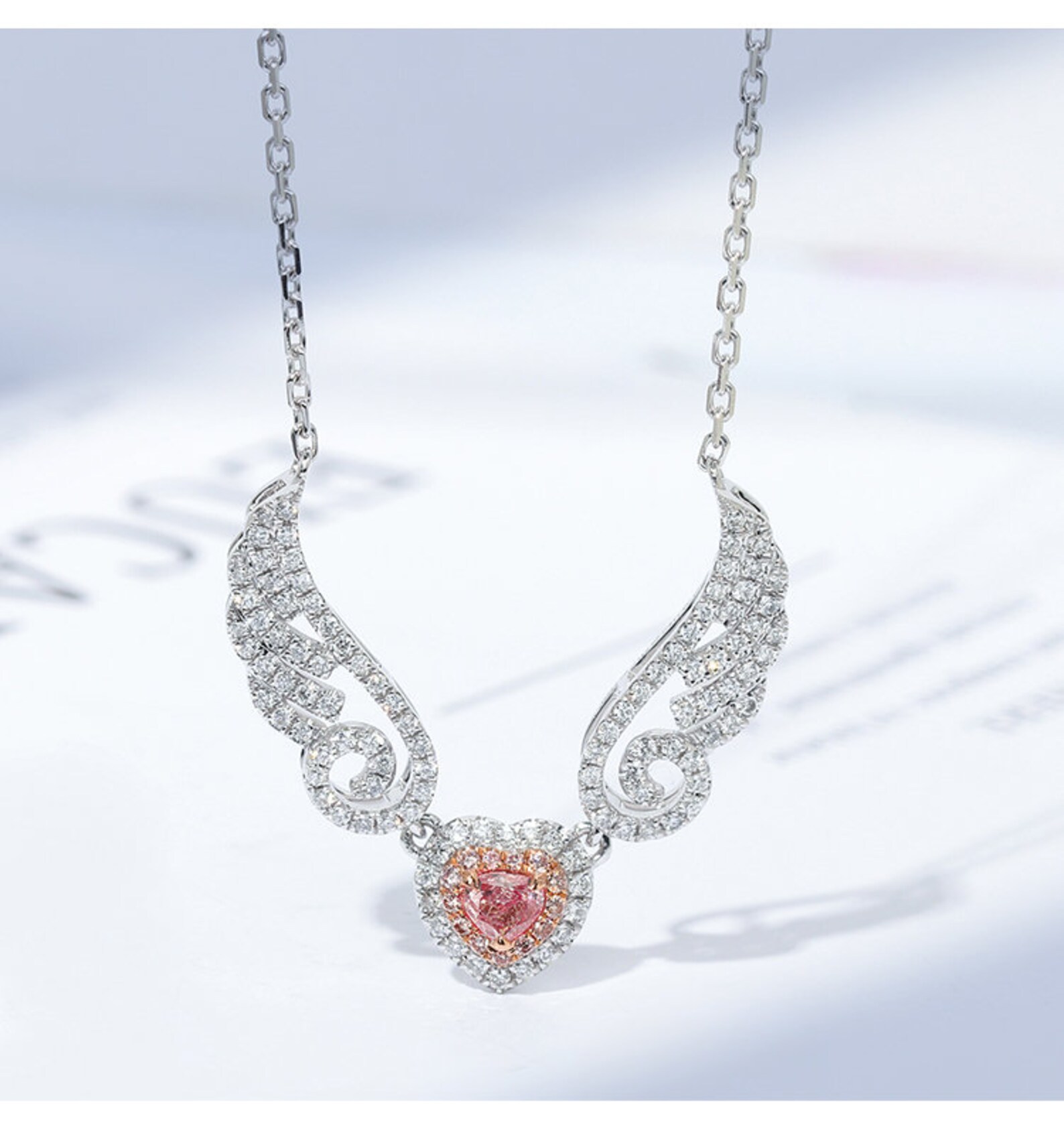 Pink Diamond Heart Angel Wings Pendant Necklace in Solid 18k - Etsy