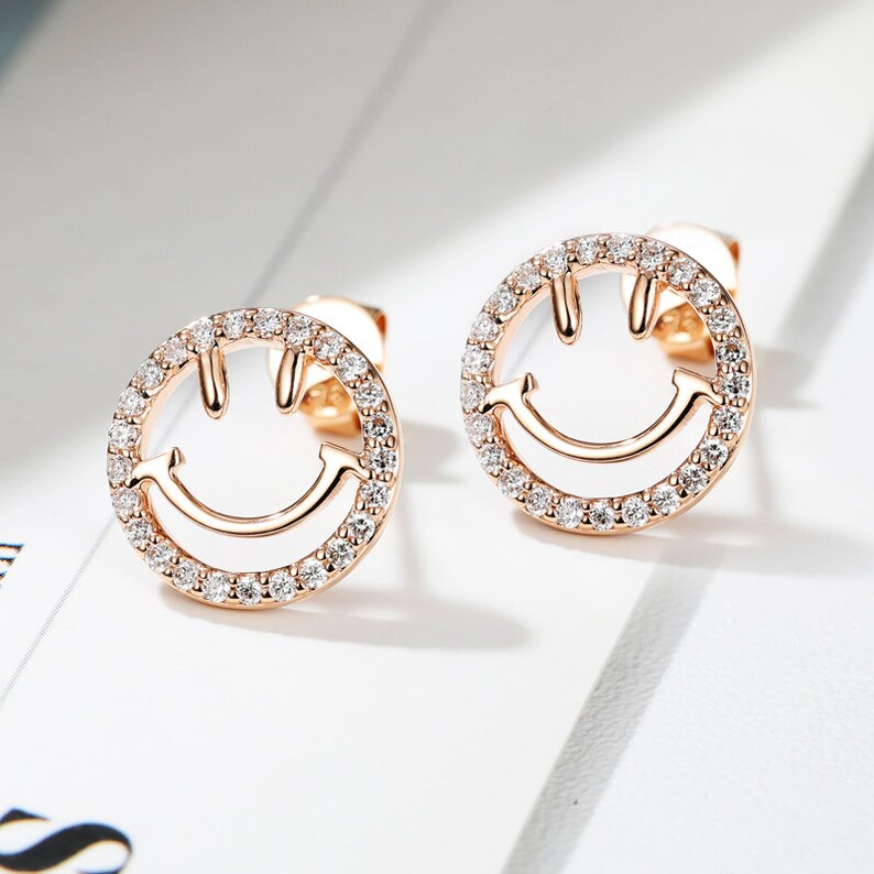 Diamond Smiley Face Symbol Ear Studs in Solid 18k Gold/happy - Etsy