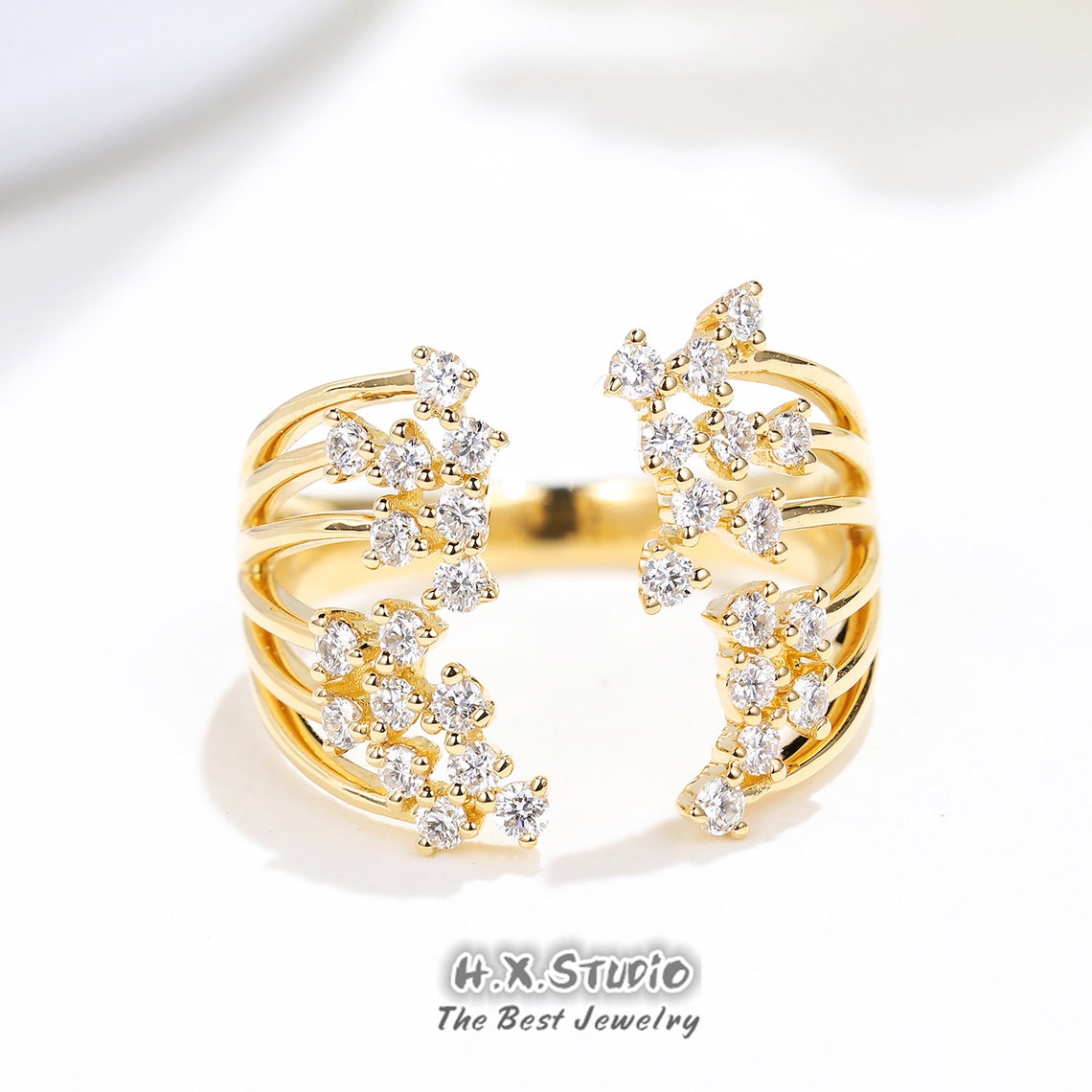 Diamond Statement Warp Ring in Solid 18k Gold Wide Wedding | Etsy