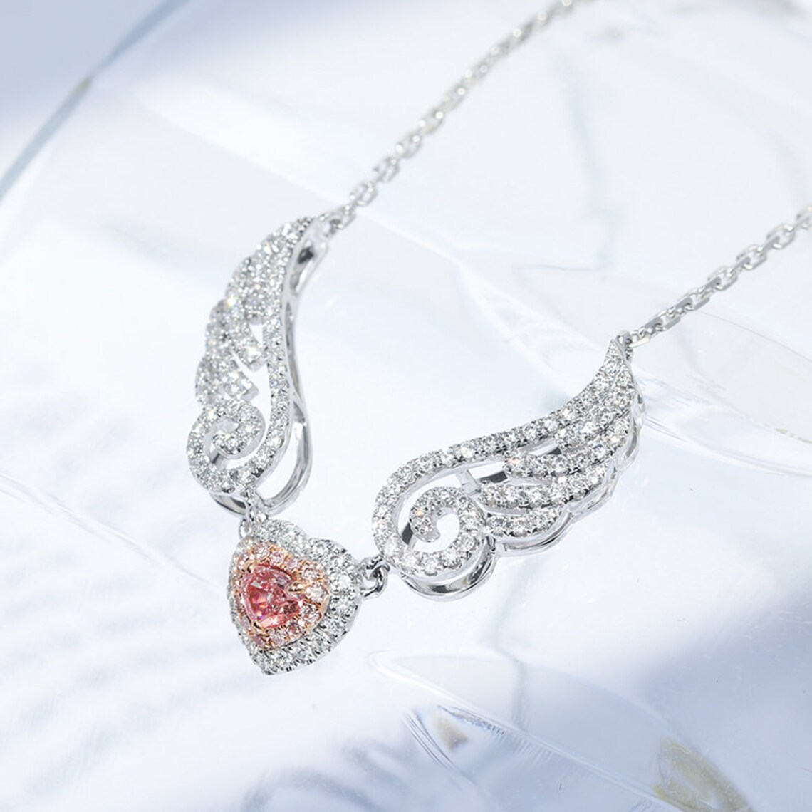 Pink Diamond Heart Angel Wings Pendant Necklace in Solid 18k - Etsy