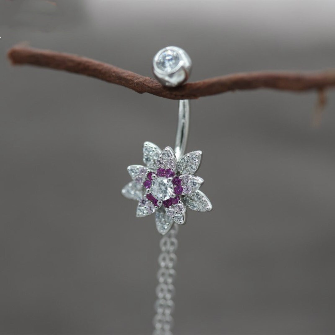 Diamond Ruby Flower Belly Button Ring in Solid 18k Gold/sexy Tassel ...
