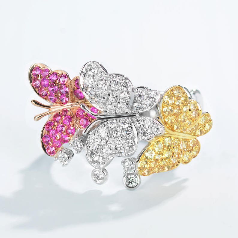 Three Butterflies Cocktail Ring in Solid 18k Gold/diamond | Etsy