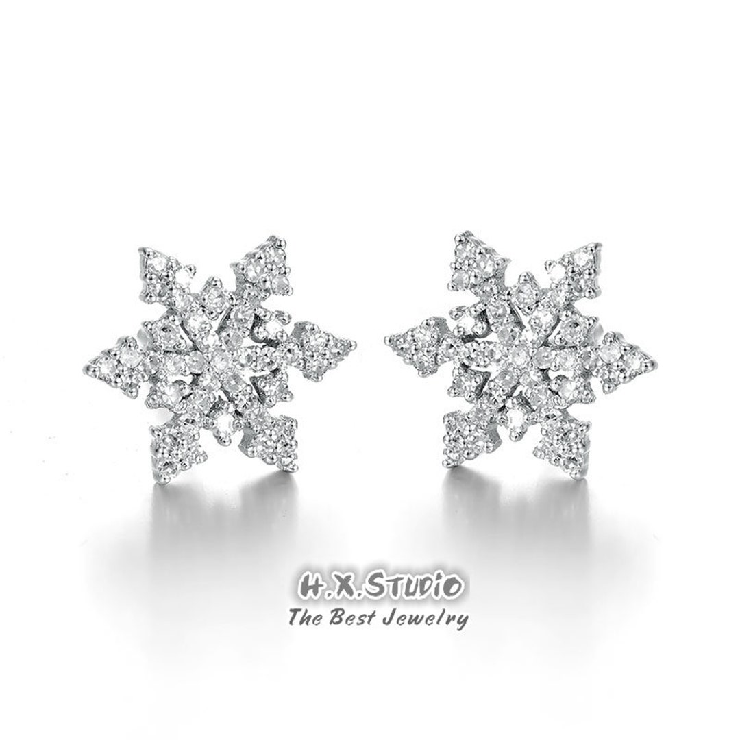 Snowflake Stud Earrings, Solid 18k Gold, Genuine Diamond, Flower Stud ...