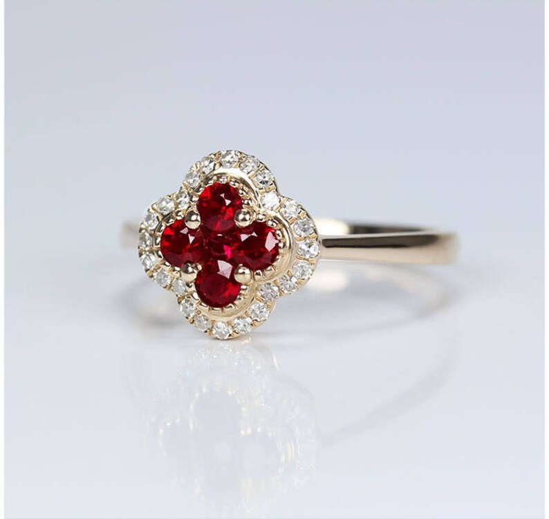 HX Jewelry Ruby Diamond Lucky Clover Halo Ring in Solid 18k - Etsy