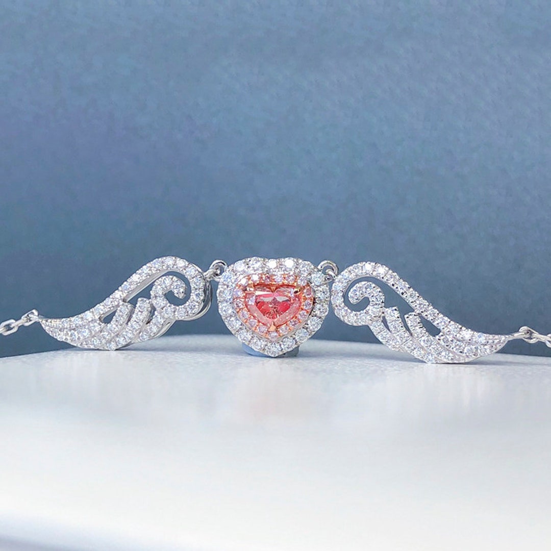 Pink Diamond Heart Angel Wings Pendant Necklace in Solid 18k Gold ...