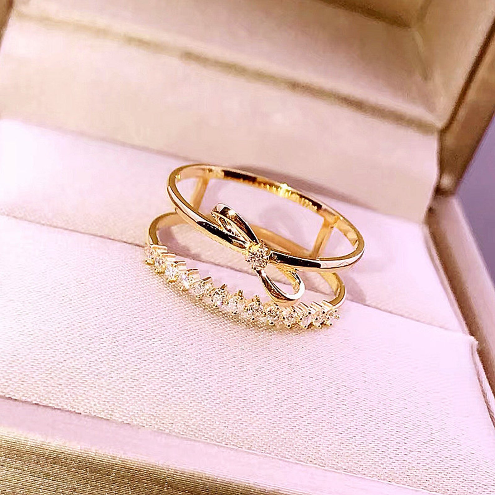 Diamond Double Band Ring in 18k Solid Gold/minimalist Stacking Ring ...
