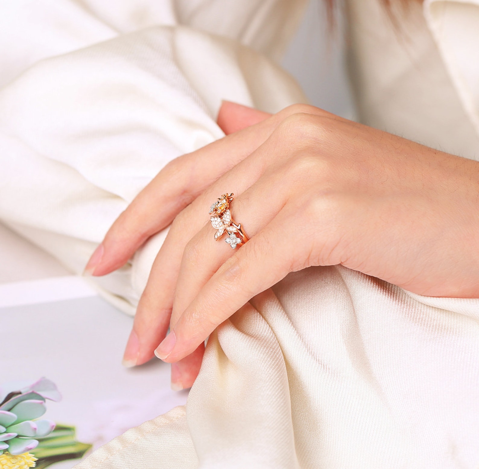 Diamond Butterfly and Flower Ring in Solid 18k 3-tone Gold/custom Fine ...