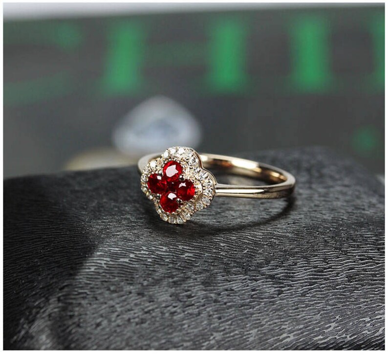 HX Jewelry Ruby Diamond Lucky Clover Halo Ring in Solid 18k - Etsy