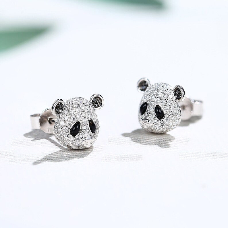 Diamond Panda Stud Earrings in Solid 18k Two Tone Gold, Animal Jewelry ...