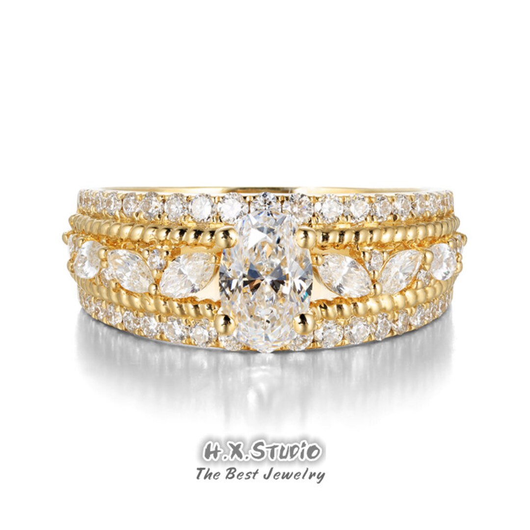 18k Gold Luxury Band Engagement Ring (0.85CTW) + 0.5CT Oval-cut Lab ...