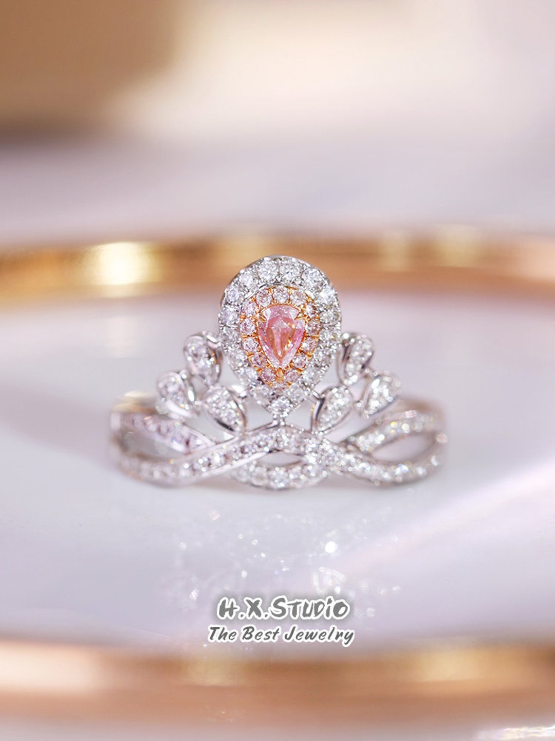 Pink Diamond Tiara Shape Statement Ring in Solid 18k Gold/custom ...