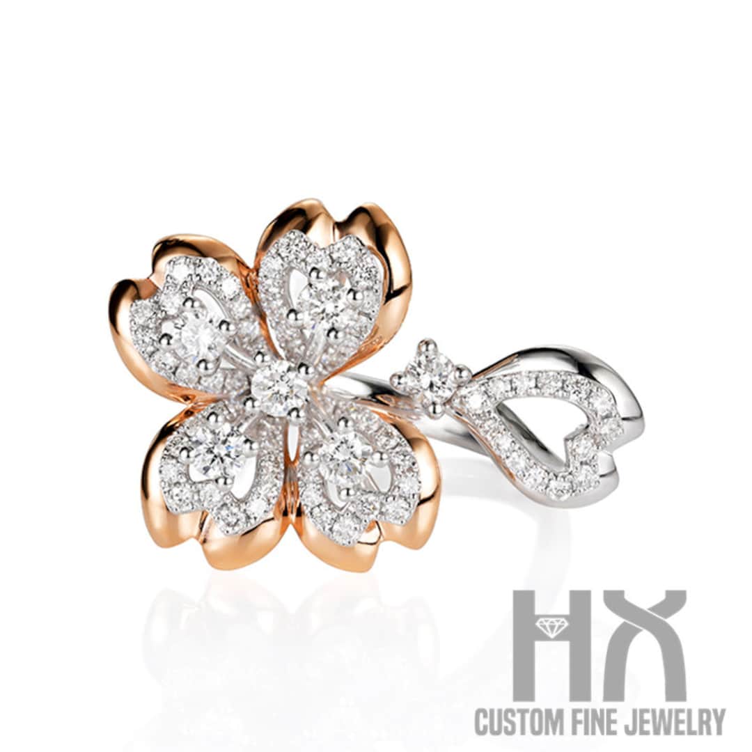 Diamond Sakura Flower Open Ring in Two Tone Gold / Cherry Blossom ...