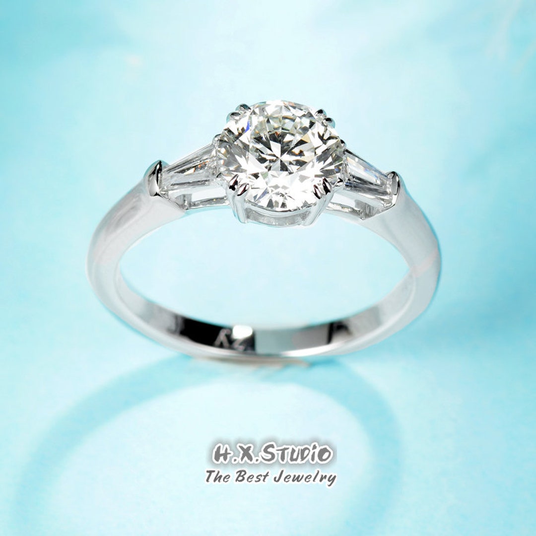 18k Gold Tapered Baguette Three Stone Engagement Ring (0.2CTW) + 0.5CT ...