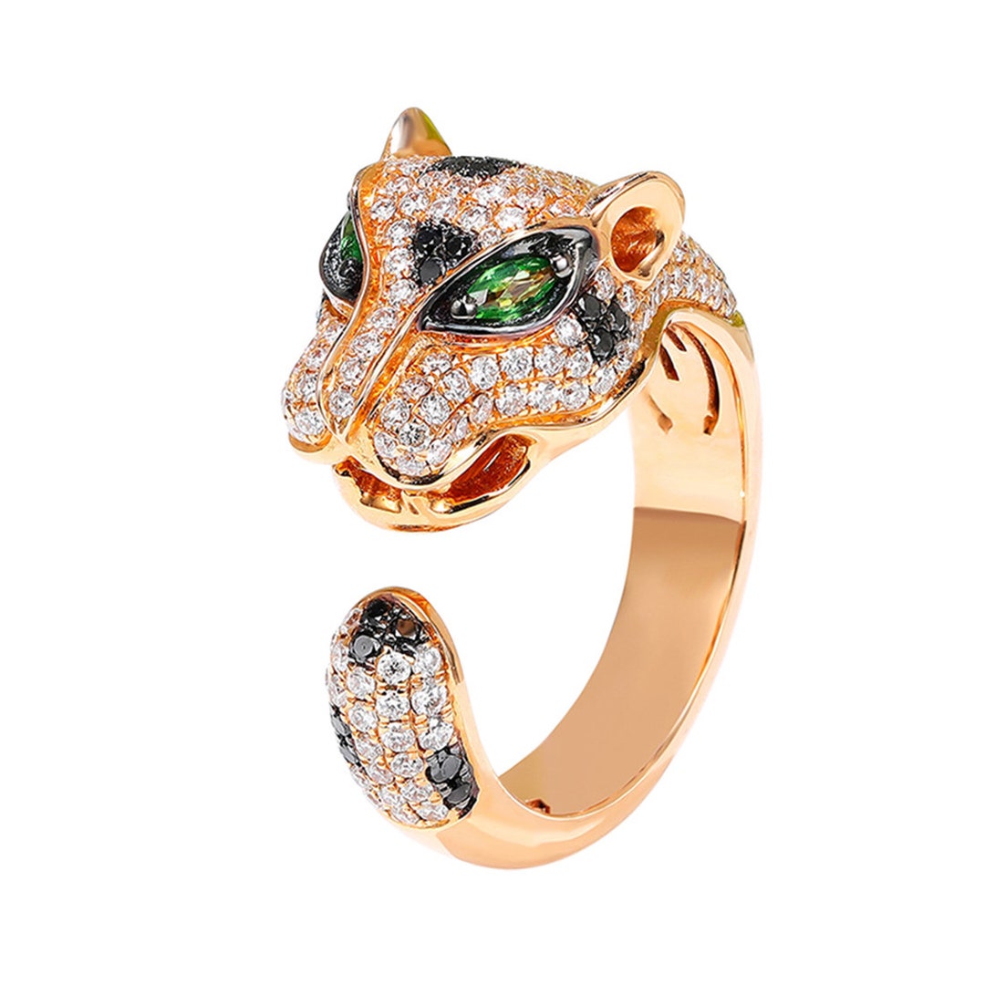 Two-tone Diamond Panther Wrap Open Ring in Solid 18K Gold/diamond Black ...