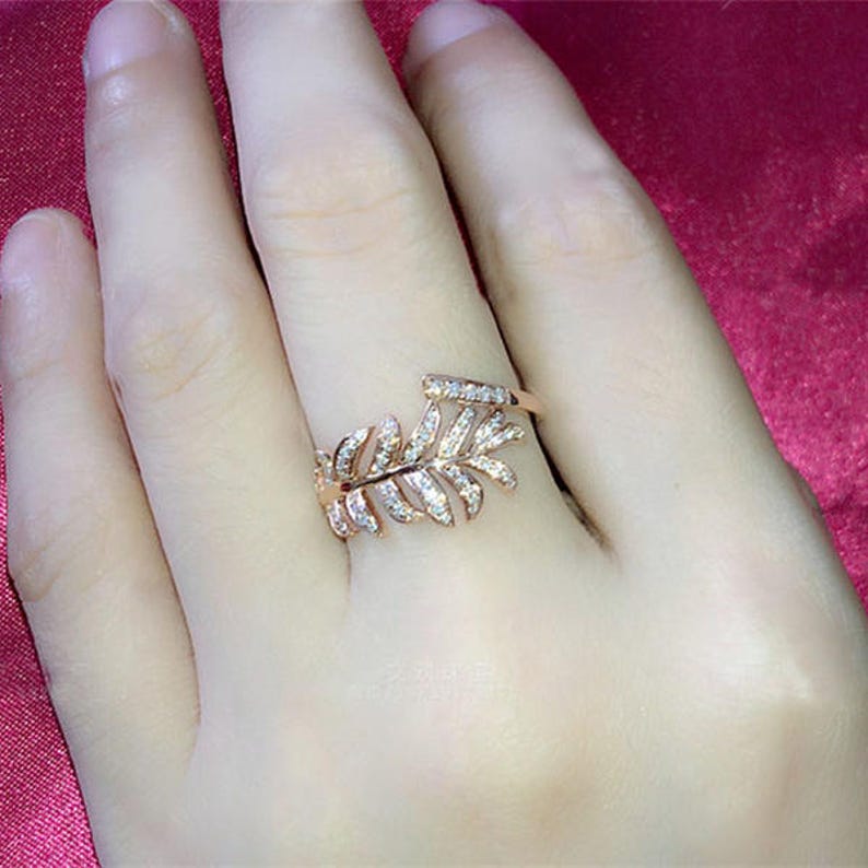 Diamond Feather Ring in Solid 18K Gold/art Deco Fashion Ring/nature ...