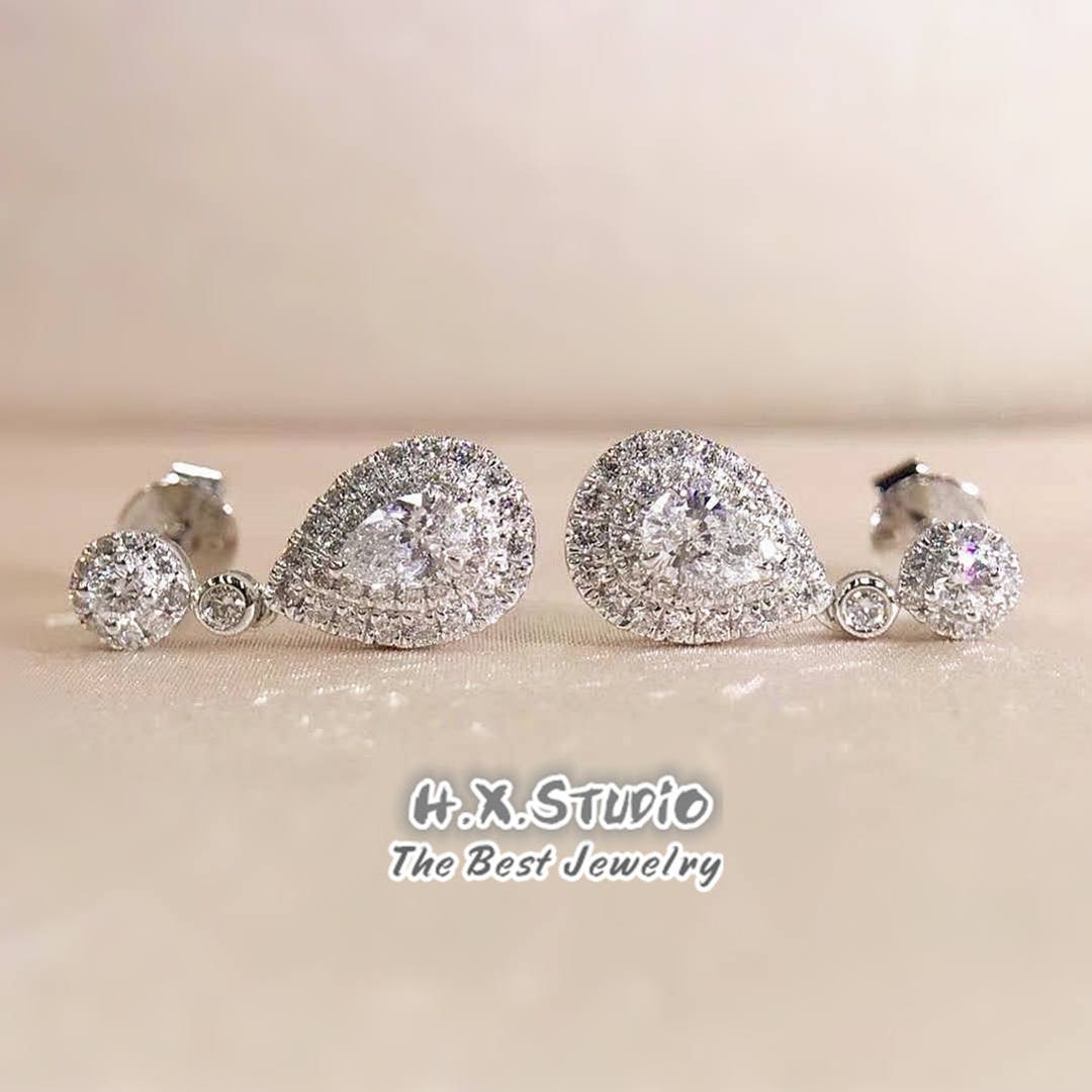 Pear Diamond Drop Earrings, Solid 18k Gold, Genuine Diamond, Stud ...