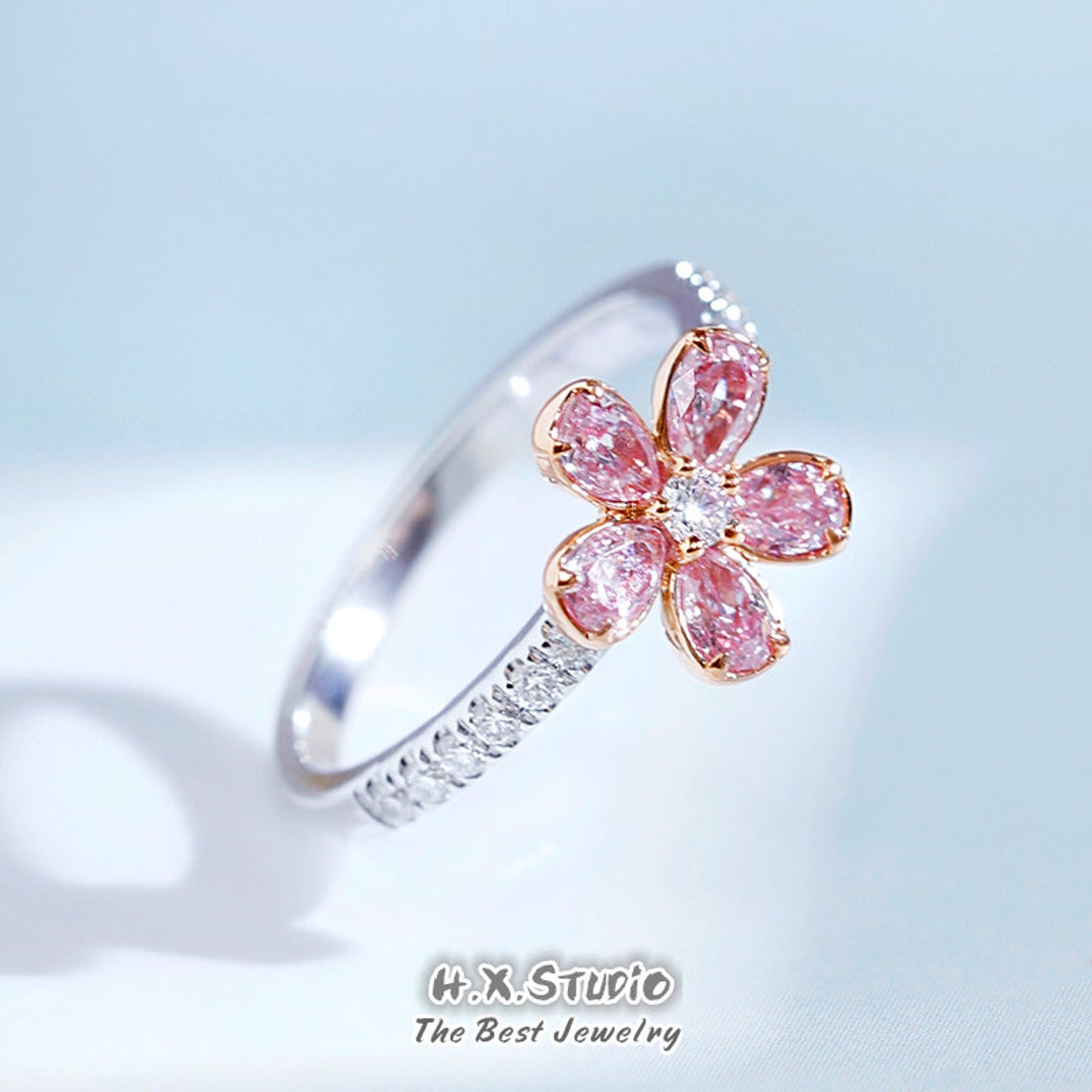 Pink Diamond Flower Ring in Solid 18k Gold/floral Engagement Wedding ...