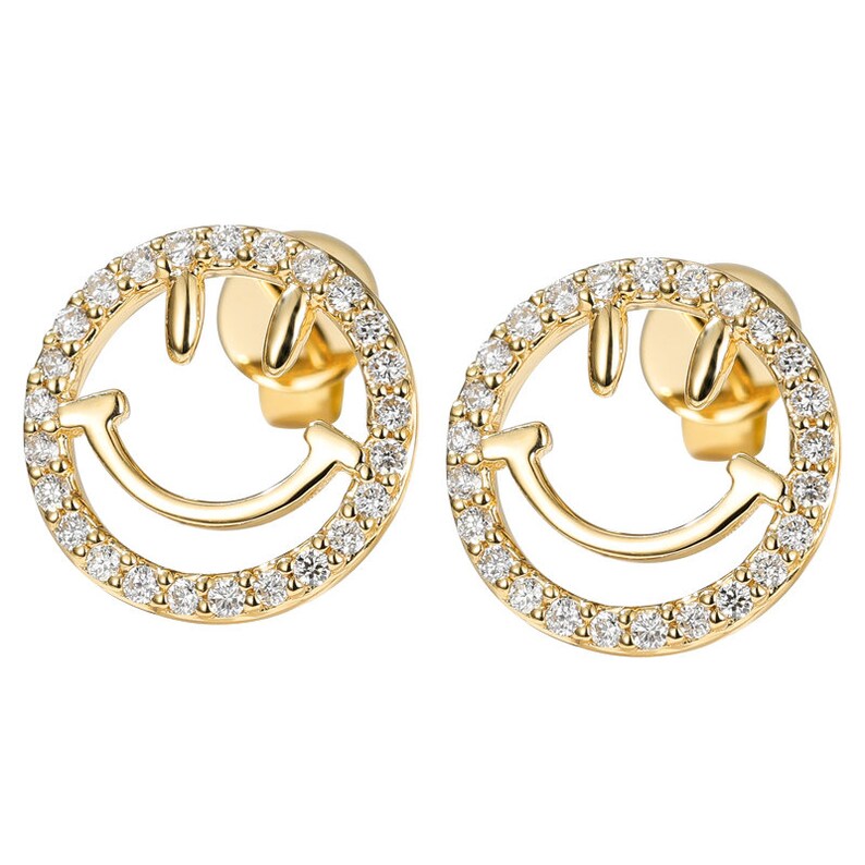 Diamond Smiley Face Symbol Ear Studs in Solid 18k Gold/happy - Etsy