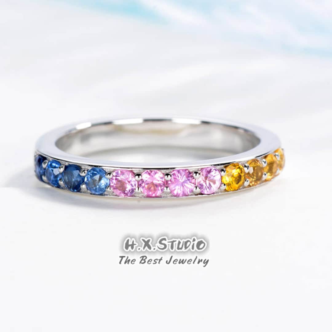 Rainbow Gemstone Stackable Ring in Solid 18k Gold/half Eternity Ring ...