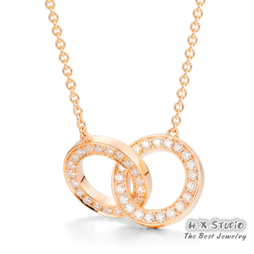 Diamond Interlocking Double Ring Necklace in Solid 18k Gold/custom Fine ...