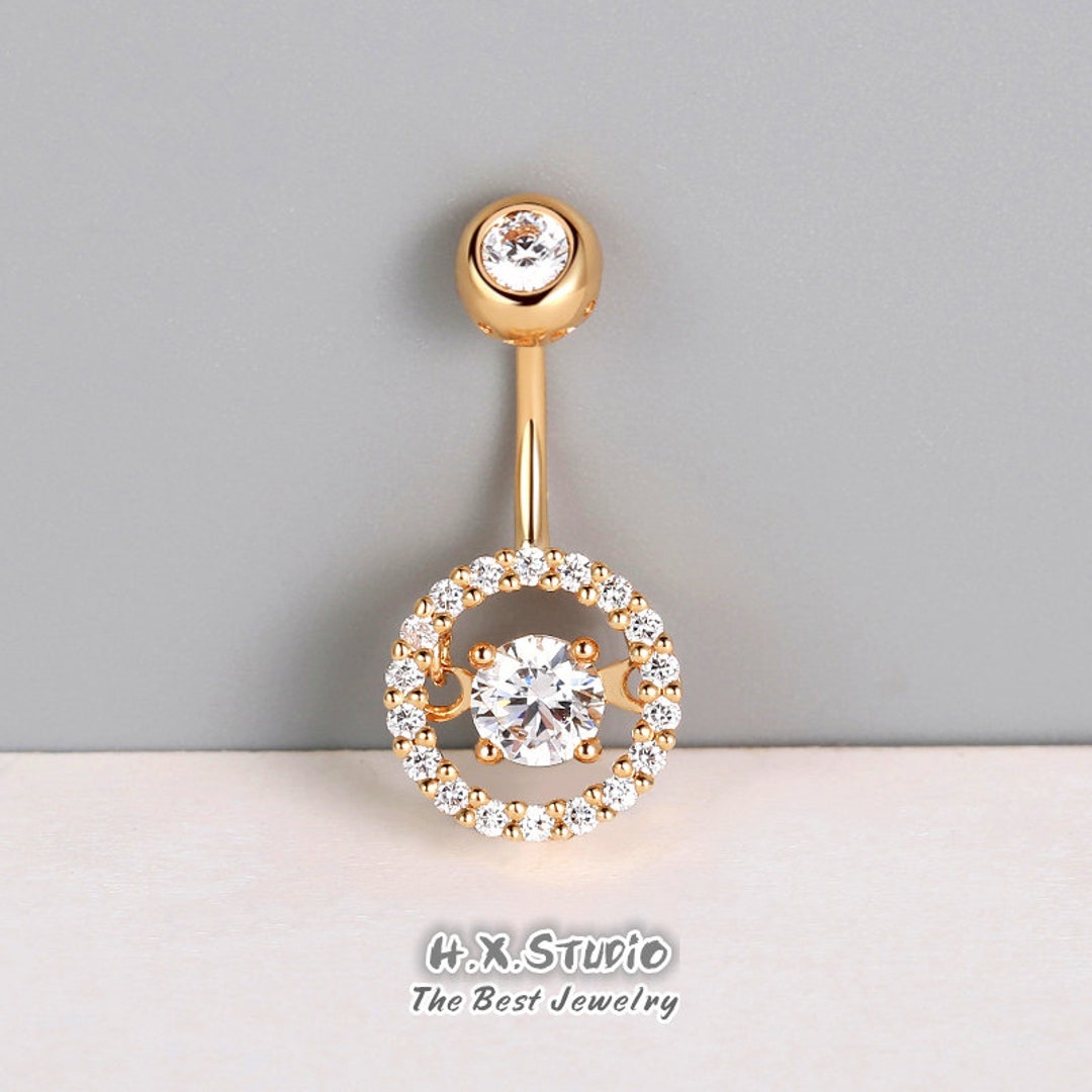 Solid 18k Gold Diamond Belly Button Ring, Dancing Diamond Navel Ring ...