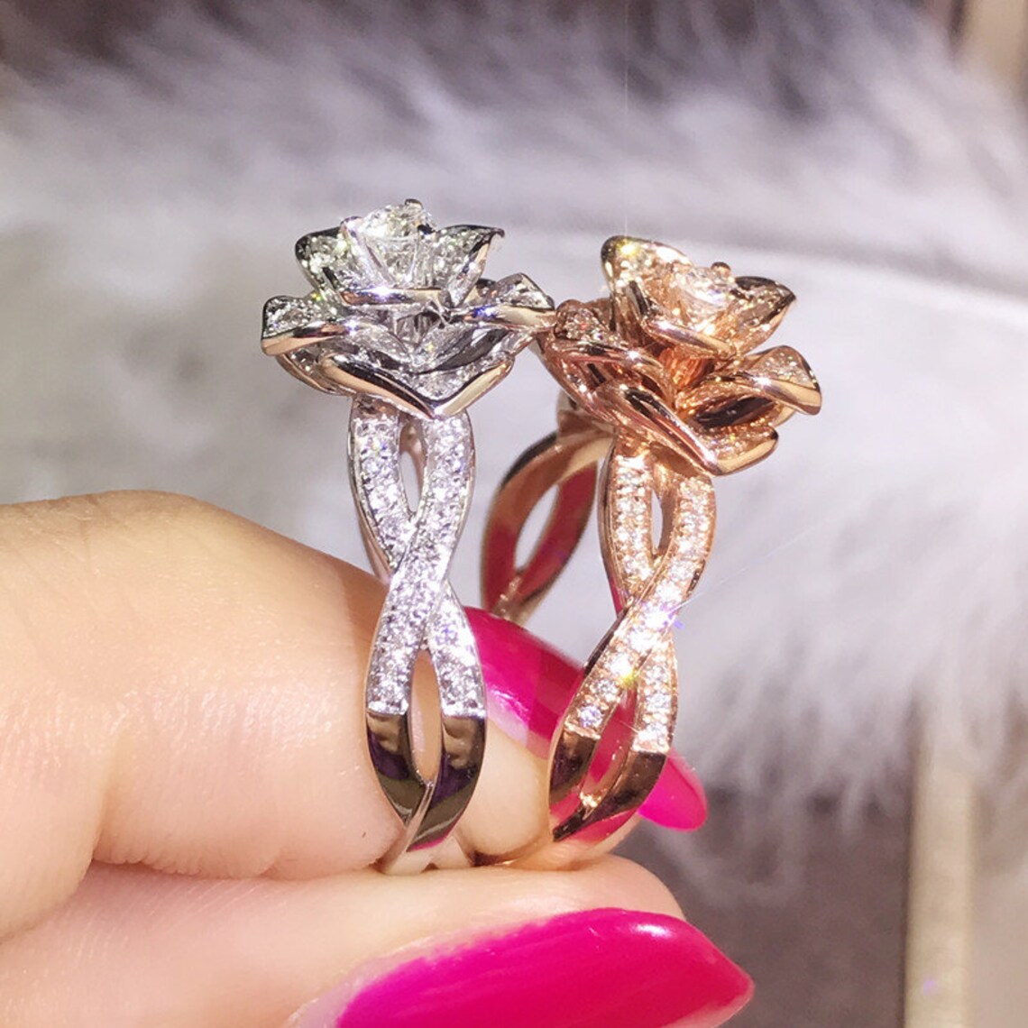 Rose Flower Diamond Ring in Solid 18K Gold/Floral Statement | Etsy