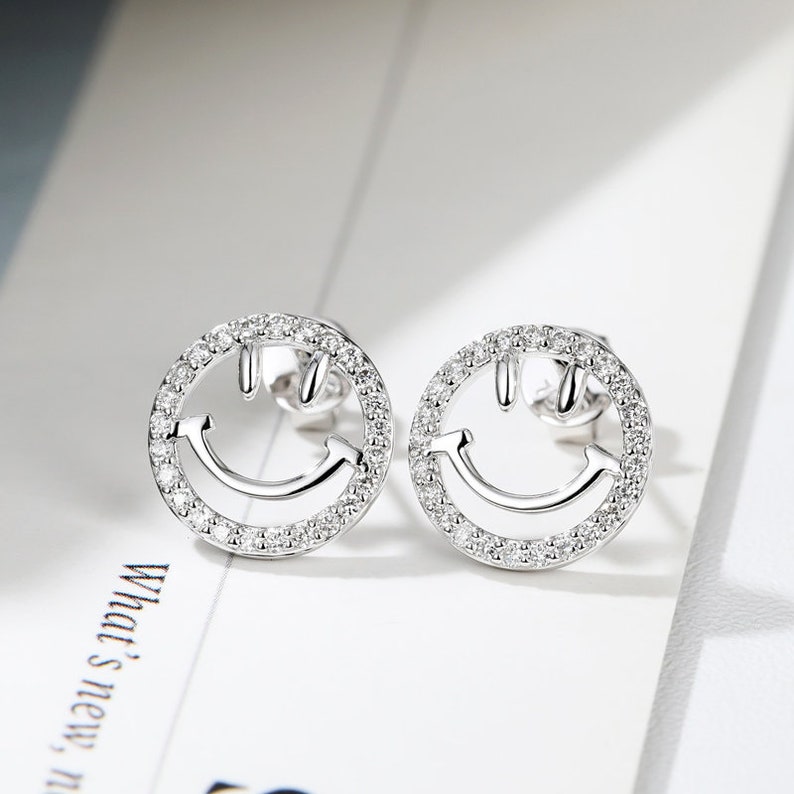 Diamond Smiley Face Symbol Ear Studs in Solid 18k Gold/happy Face Emoji ...