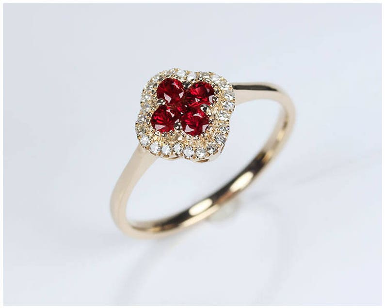 HX Jewelry Ruby Diamond Lucky Clover Halo Ring in Solid 18k - Etsy